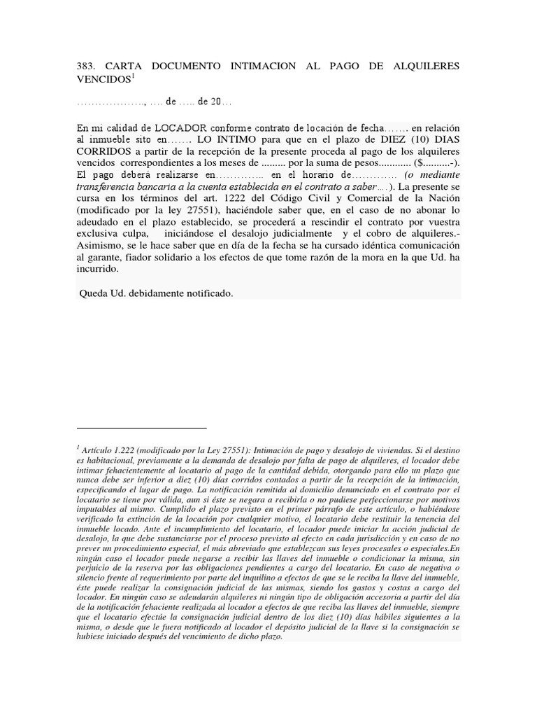 A2 - Carta Doc Intimando Al Pago Alquileres Vencidos Ley 27551 | PDF | Justicia | Crimen y violencia