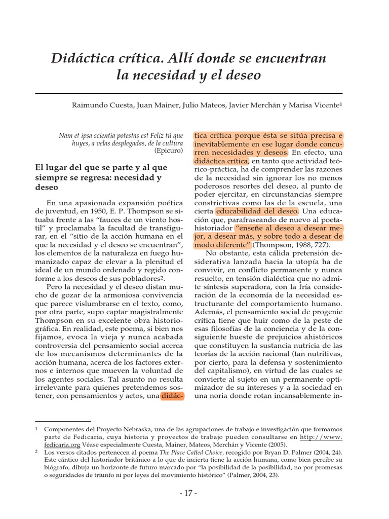 Didáctica Crítica. Allí Donde Se Encuentran La Necesidad y El Deseo ...