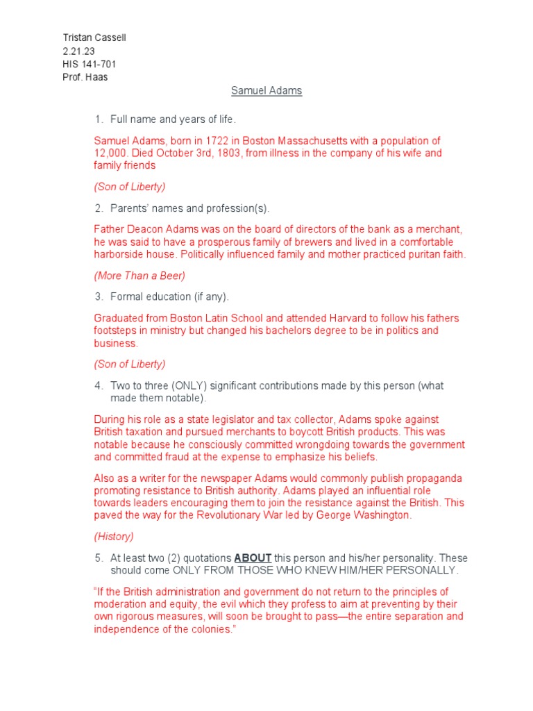 Samuel Adams Biography-Tristan Cassell | PDF | John Adams | American ...