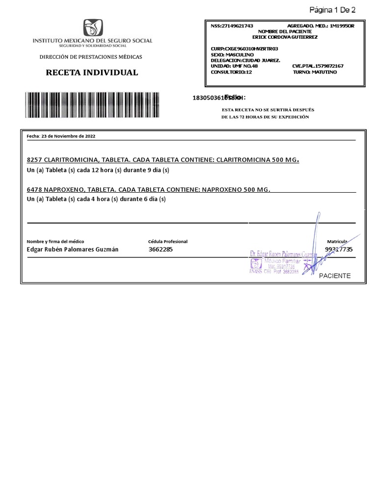 Receta Médica: Claritromicina y Naproxeno | PDF