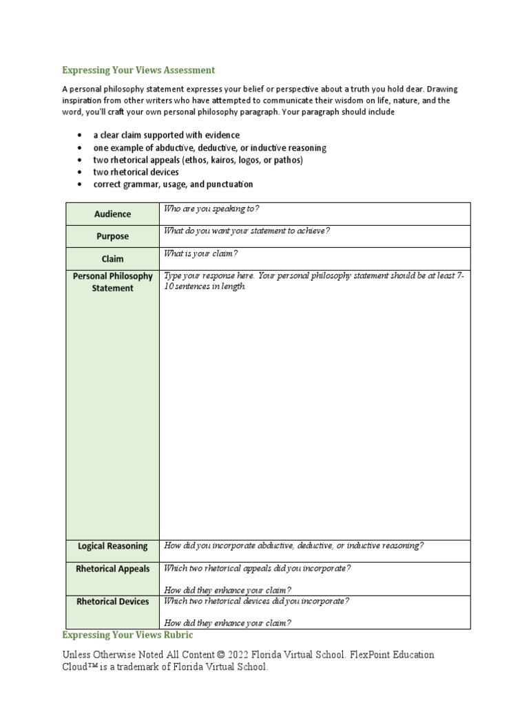 Expressing Your Views Assess Rubric | PDF | Rhetoric | Reason
