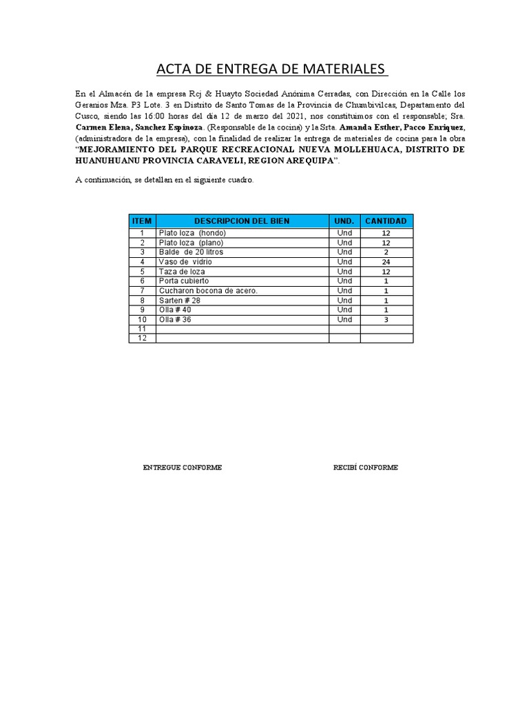 Acta de Internamiento de Materiales Usados | PDF