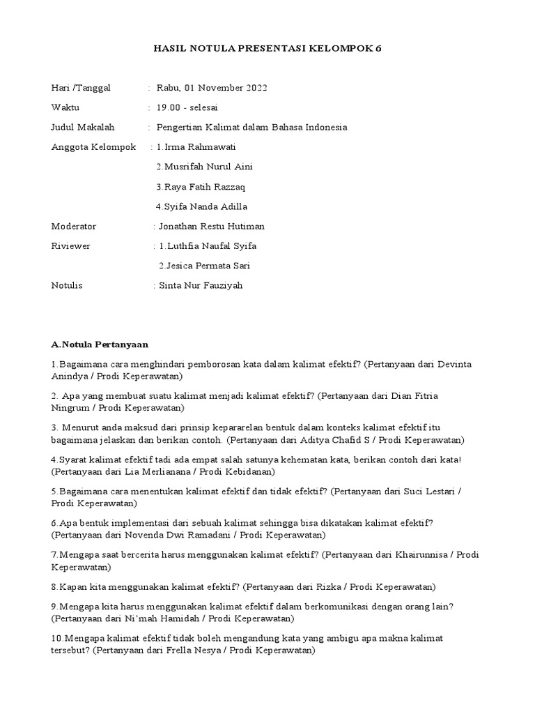 HASIL NOTULA PRESENTASI KELOMPOK 6 | PDF