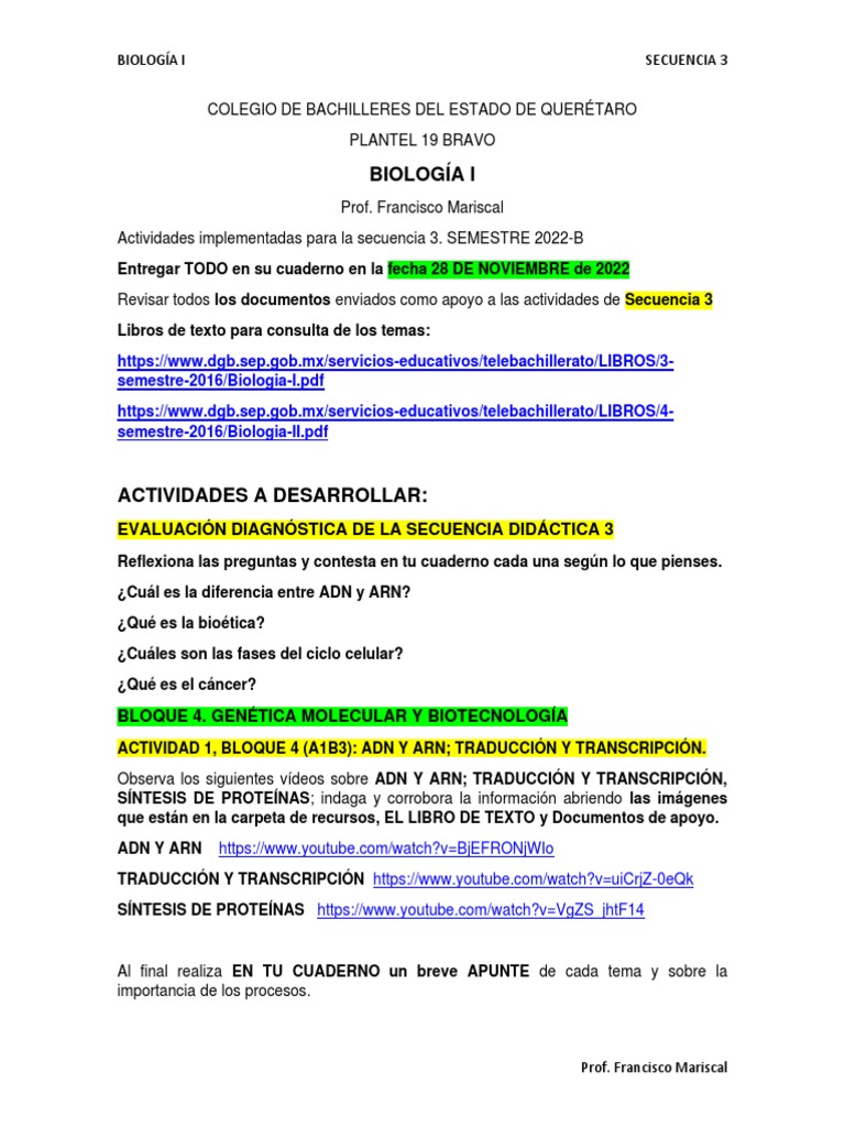 Bio I Actividades Secuencia 3 2022B | PDF