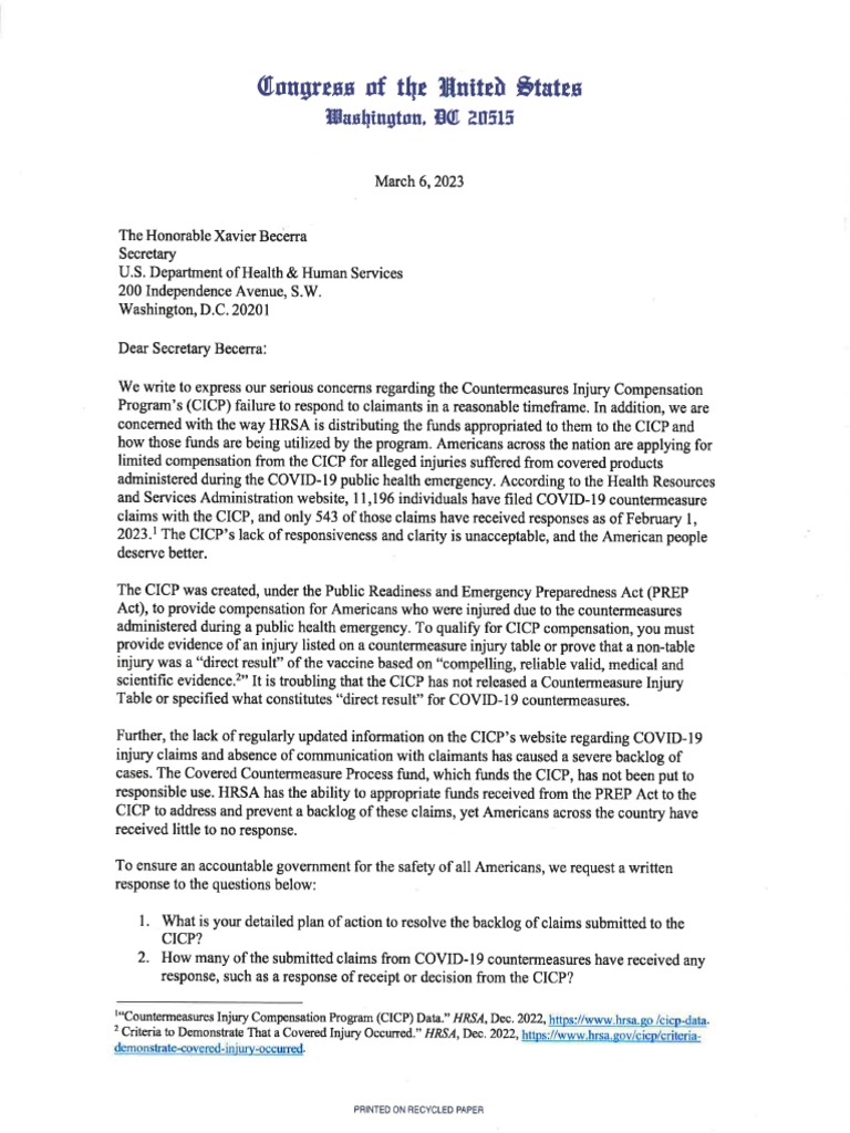 Letter To Secretary of HHS in Regards To CICP | PDF