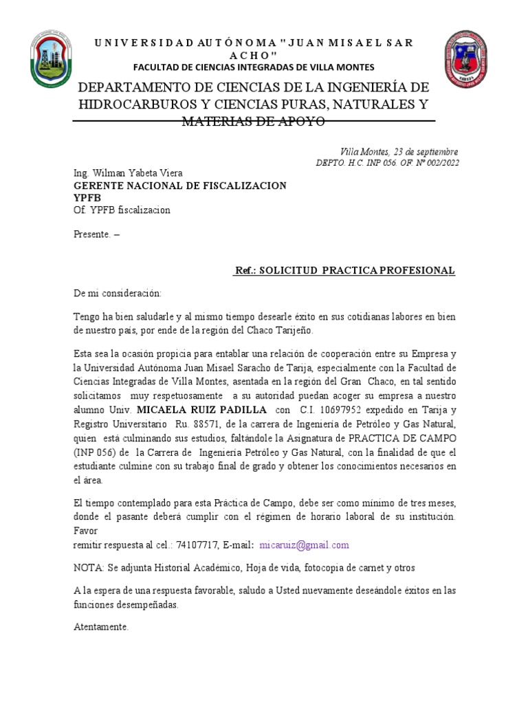 CARTAS DE PASANTIA Ypfb Logistica | PDF