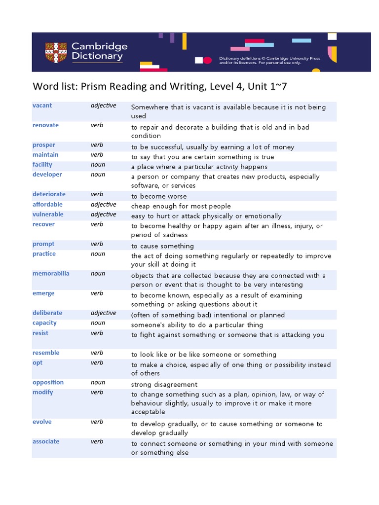 Prism Reading and Writing, Level 4, Unit 1 7 (110 Words) | PDF | Verb | Adjective