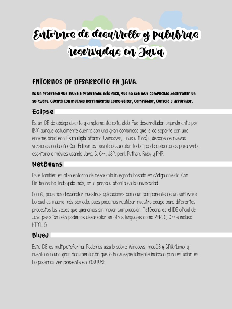 U2T1 Entornos de Desarrollo Palabras Reservadas en Java | PDF | Entorno ...