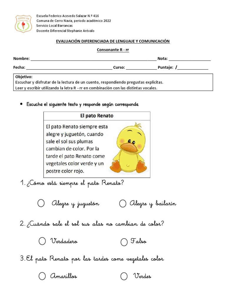 Evaluación Diferenciada Letra R 1° | PDF | Lingüística
