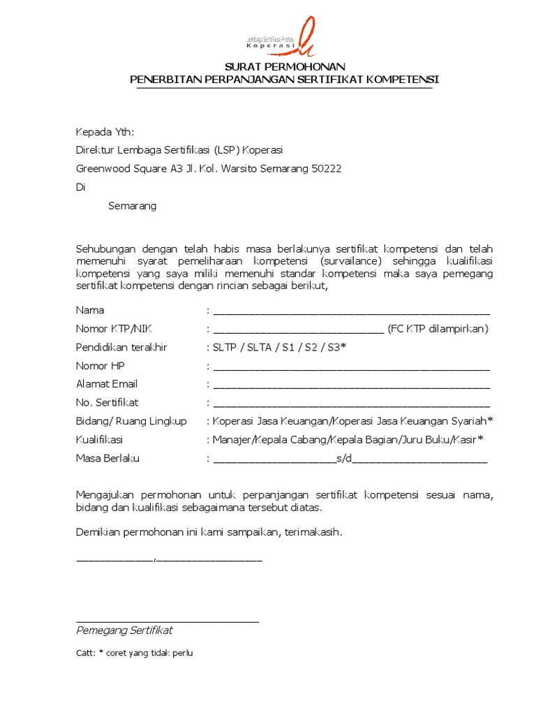 Permohonan Perpanjangan Sertifikat Kompetensi Pdf