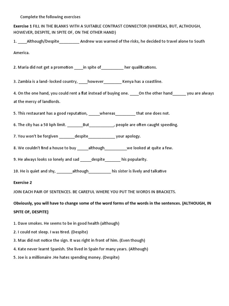 CONTRAST CONNECTORS Activity | PDF