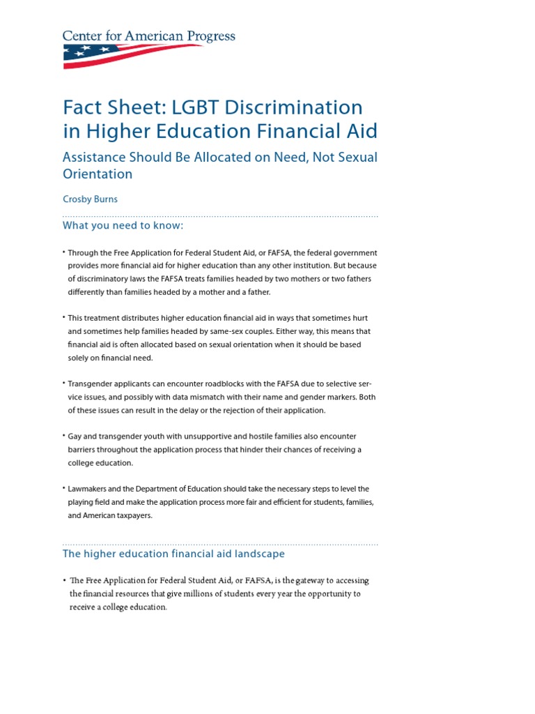 Fact Sheet: LGBT Discrimination in Higher Education Financial Aid | PDF ...