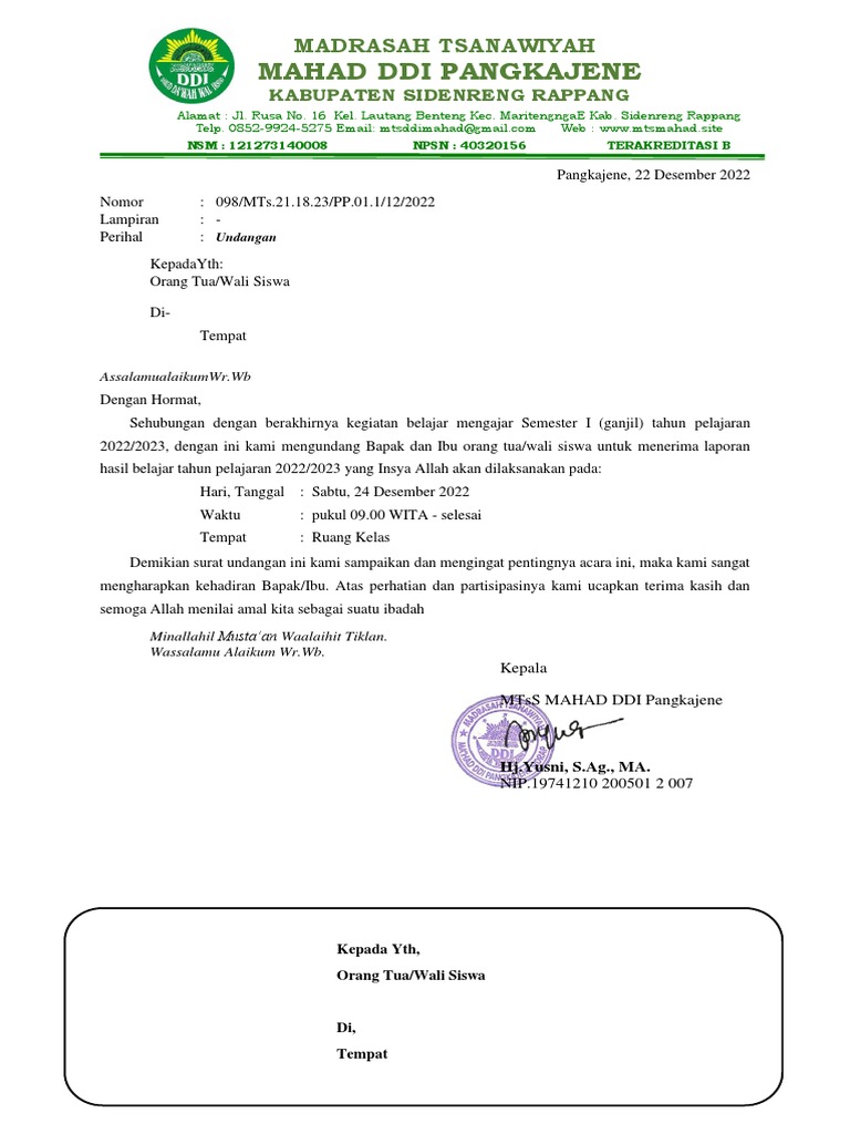 Undangan Penerimaan Rapor. | PDF