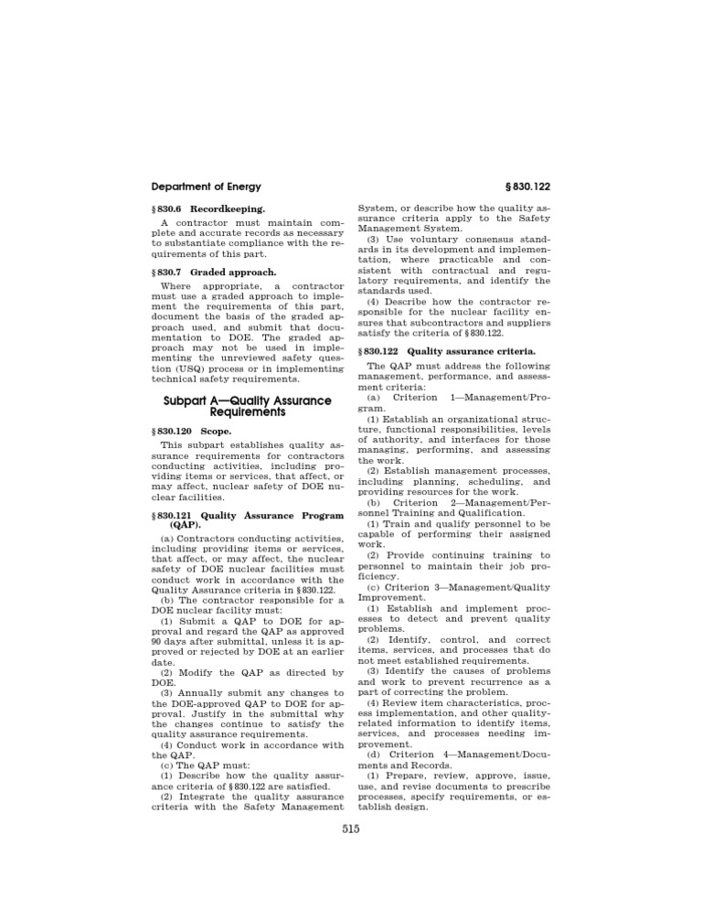 10 CFR 830 | PDF | Quality Assurance | Records Management