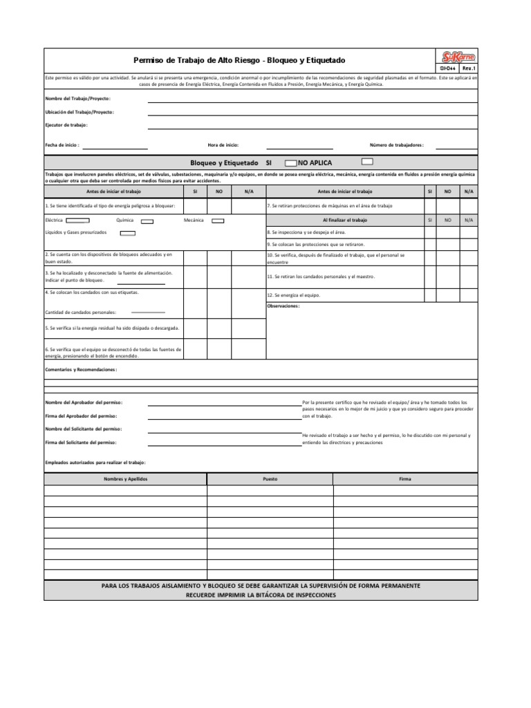 SI-044 Permiso de Trabajo de Alto Riesgo - Bloqueo y Etiquetado | PDF | Ingenieria Eléctrica ...