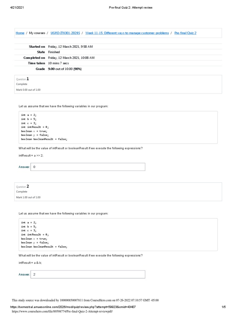 Pre Final Quiz 2 Attempt Review PDF | PDF | Boolean Data Type | Computer Engineering