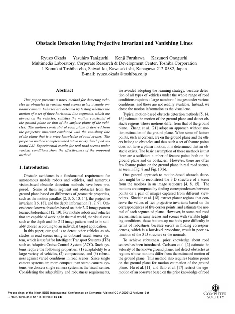 Obstacle Detection Using Projective Invariant and Vanishing Lines | PDF | Central Processing ...