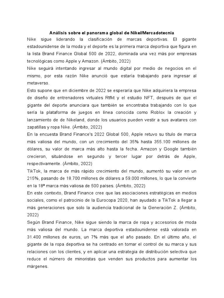 Análisis Sobre El Panorama Global de Nike - Mercadotecnia | PDF | Nike ...