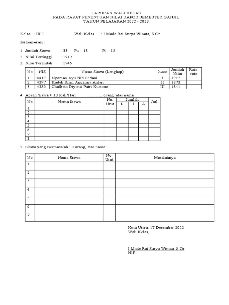 Format Laporan Wali Kelas Ganjil 2022-2023 (1) | PDF