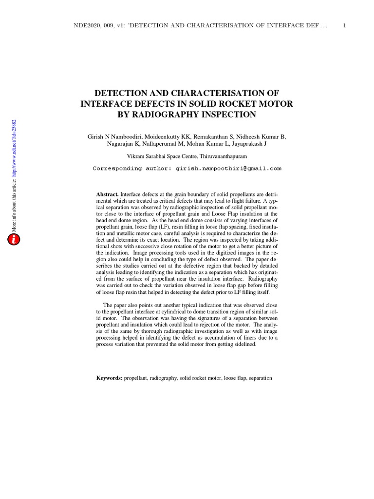 Detecting And Characterizing Defects In Solid Rocket Motors By Radiography Pdf Rocket Engine