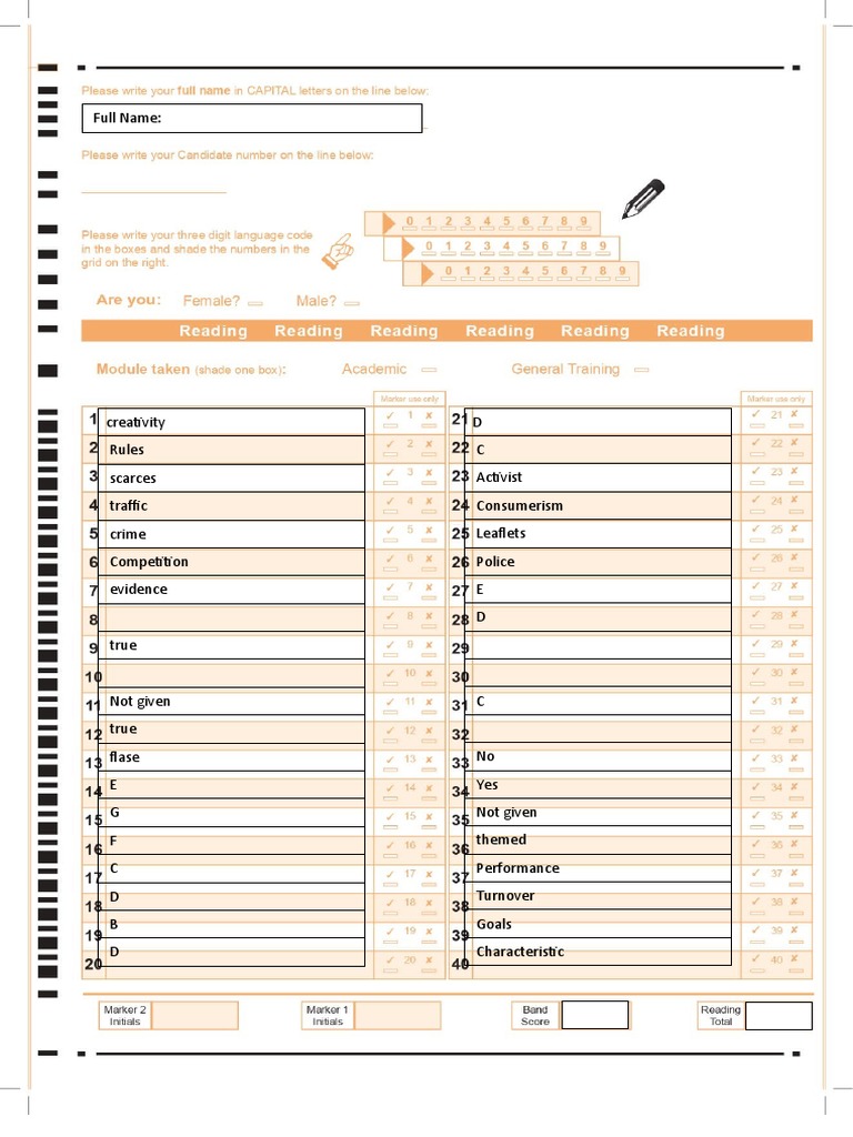 IELTS Reading Answer Sheet Template | PDF