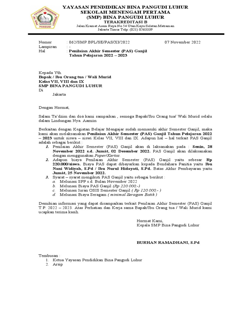 Administrasi Surat Pas Ganjil T.P. 2022 2023 SMP BPL | PDF