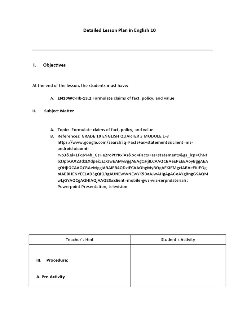 1-LESSON-PLAN-in-Claims-of-facts-policy-and-value Abada | PDF ...