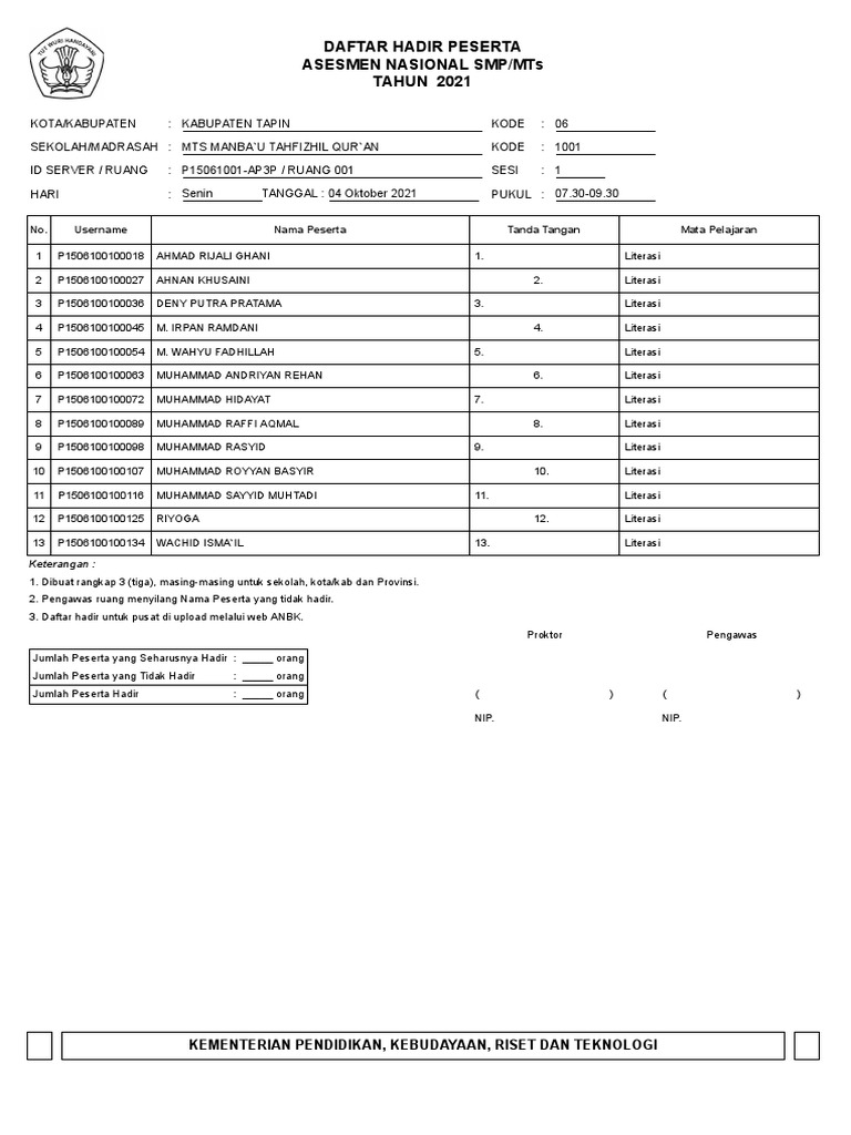 Asesmen Nasional Mts Absen LITERASI | PDF