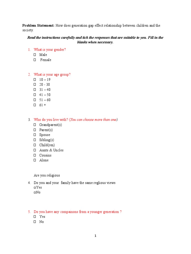 Questionnaire Generation Gap | PDF | Family | Social Psychology