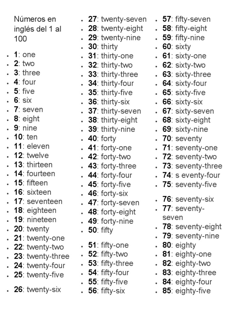 Números en Inglés Del 1 Al 100 | PDF