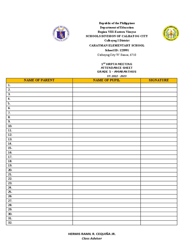 1st HRPTA MEETING Attendance Sheet | PDF
