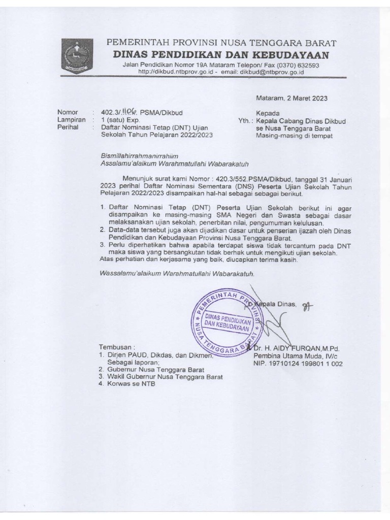 Surat Pengantar DNT Ujian Sekolah Tp. 2022-2023 | PDF