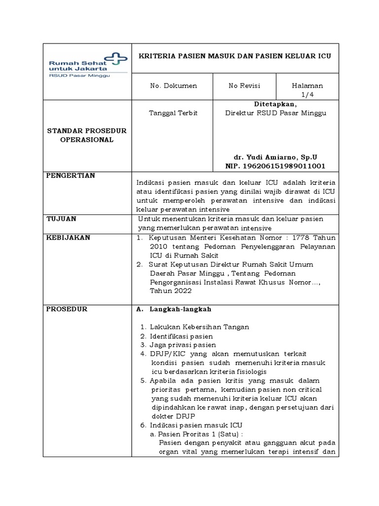 Spo Kriteria Pasien Masuk Dan Pasien Keluar Icu | PDF