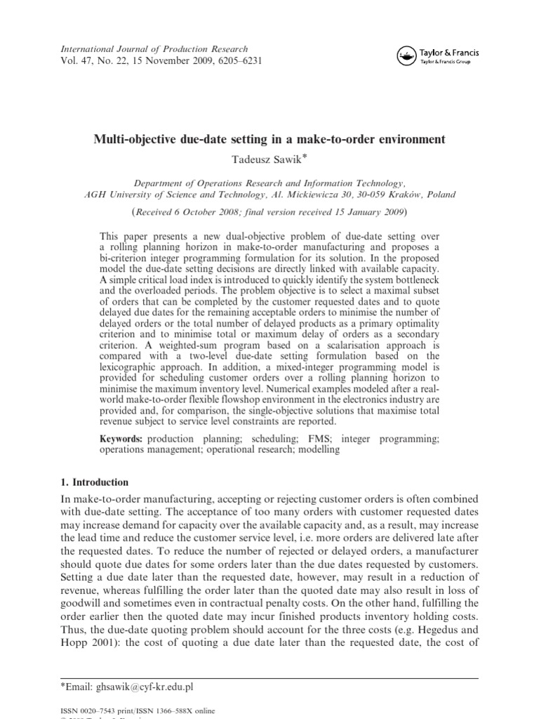 A Bi Criterion Integer Programming Approach For Multi Objective Due Date Setting In A Make To