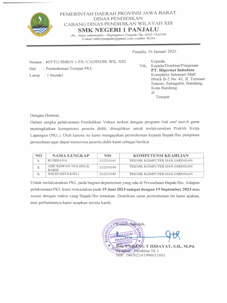 Surat Pengantar PKL TKJ-1-2 | PDF