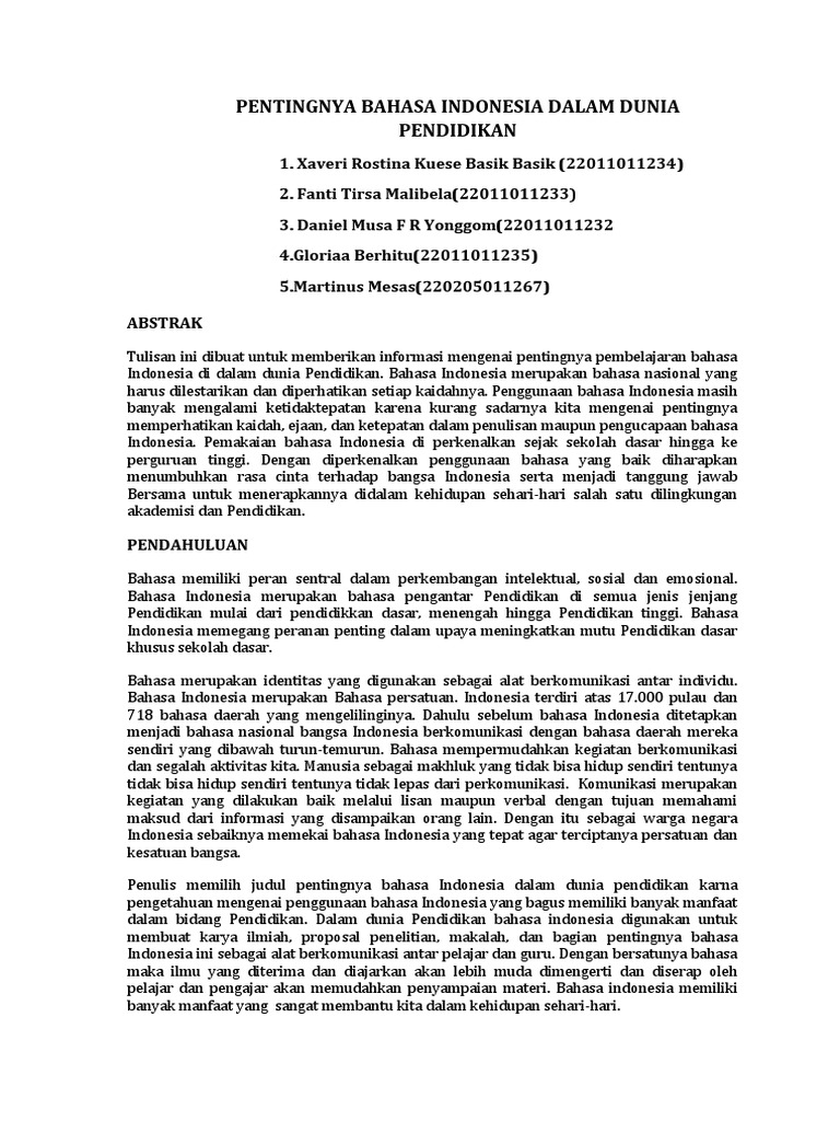 Pentingnya Bahasa Indonesia Dalam Dunia Pendidikan | PDF | Karier ...