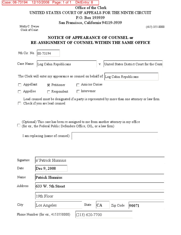 Notice of Appearance of Counsel or Re-Assignment of Counsel Within The ...