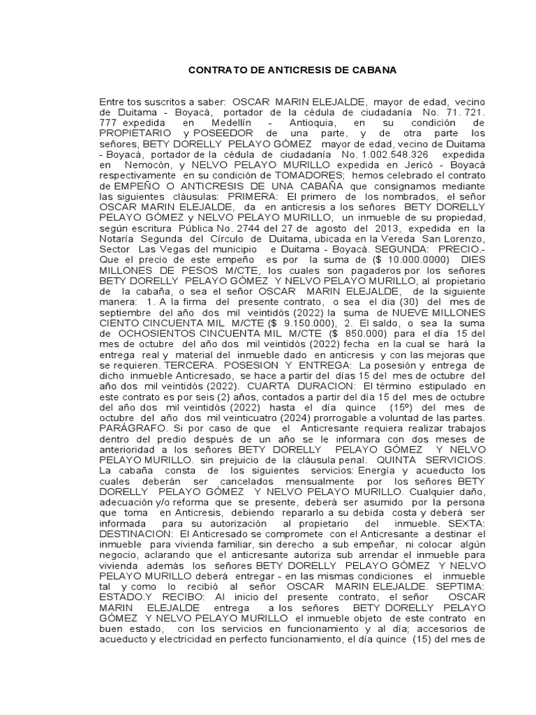 Contrato de Anticresis de Cabana | PDF