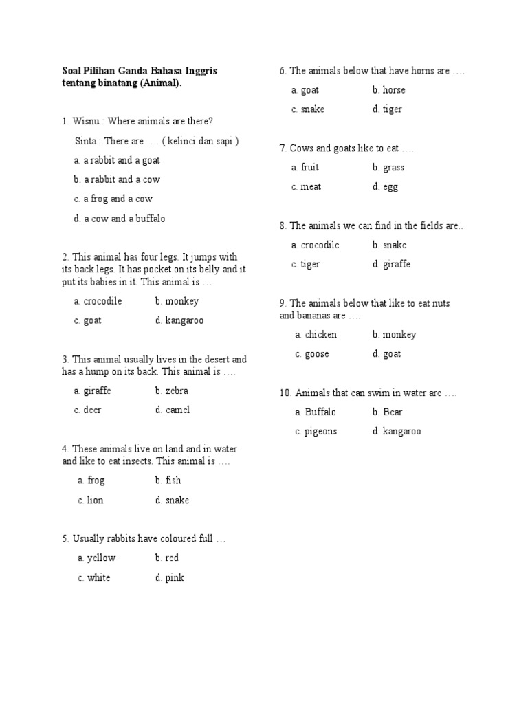 Soal TTS Bahasa Inggris: Binatang & Makanan | PDF