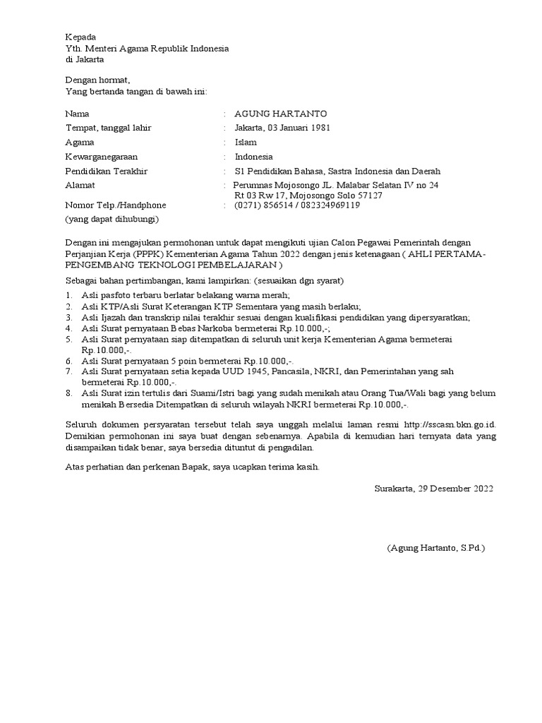 Contoh Surat Lamaran CPPPK Kementrian Agama Isi | PDF