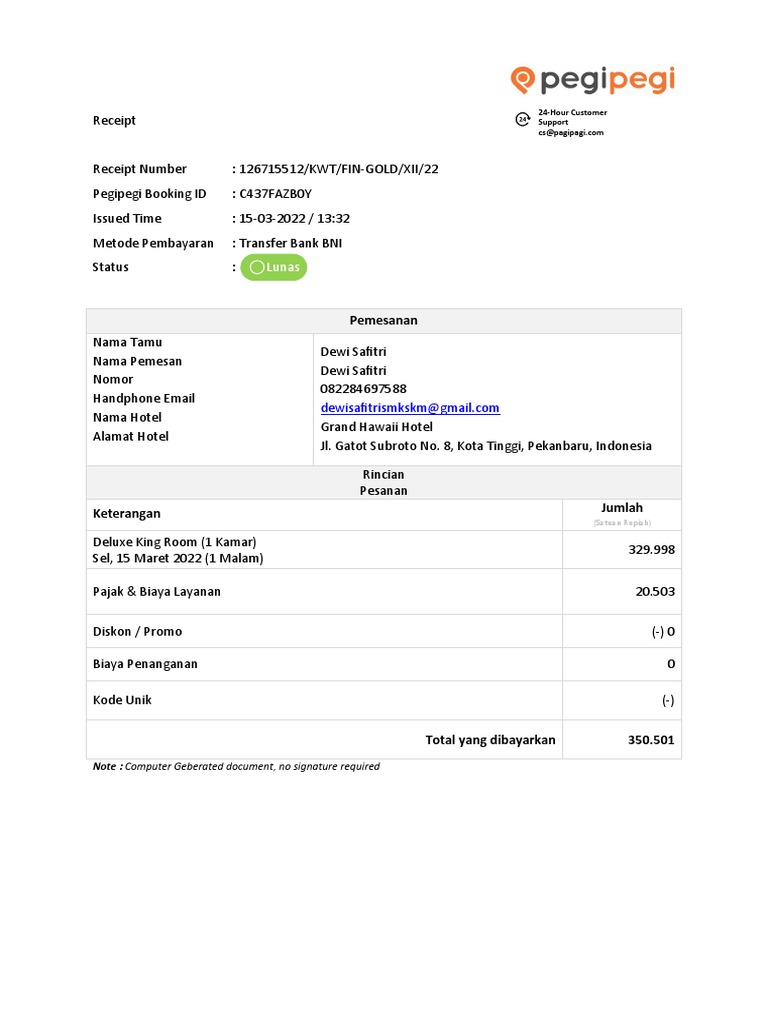 Bukti Pembayaran Pegipegi Hotel | PDF