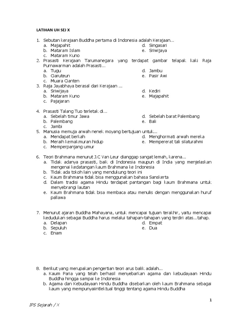 Latihan Uh Sej X | PDF