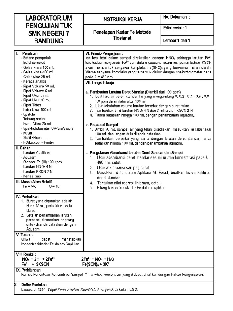 Jobsheet Penentuan Fe Metoda Tiosianat Fix | PDF