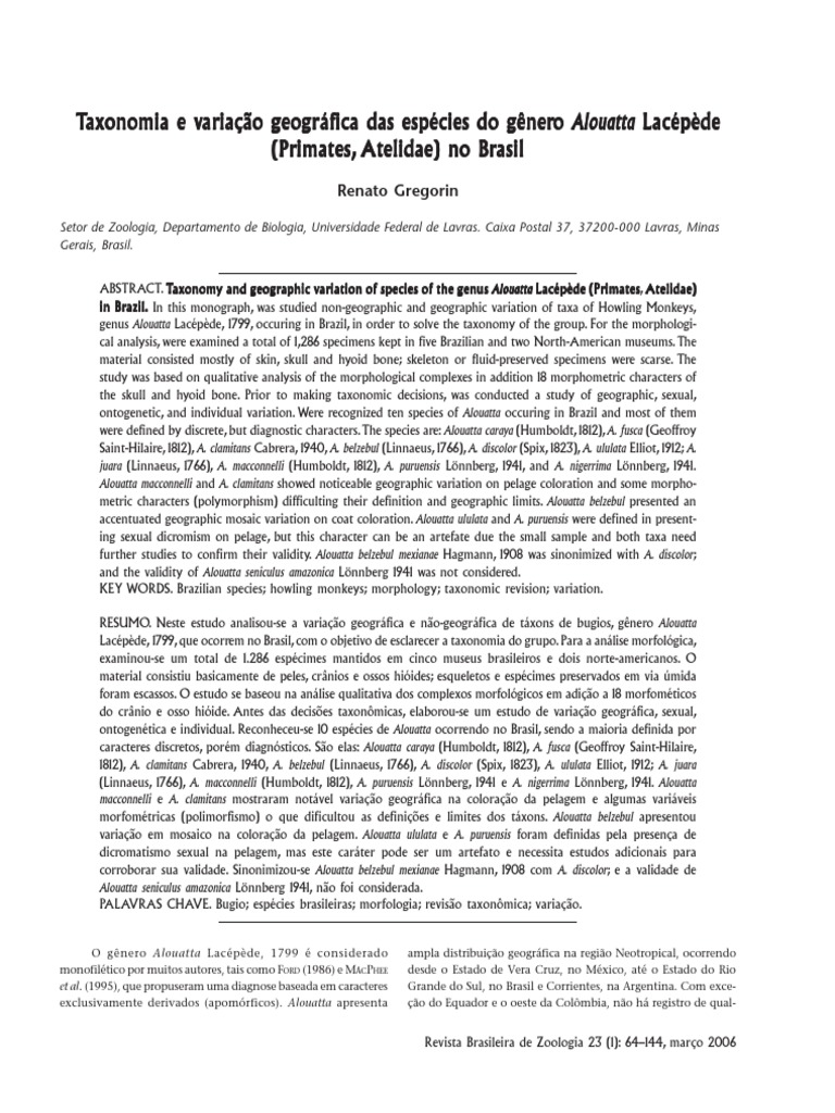 Taxonomic Revision of Howler Monkey (Alouatta) Species in Brazil Based ...