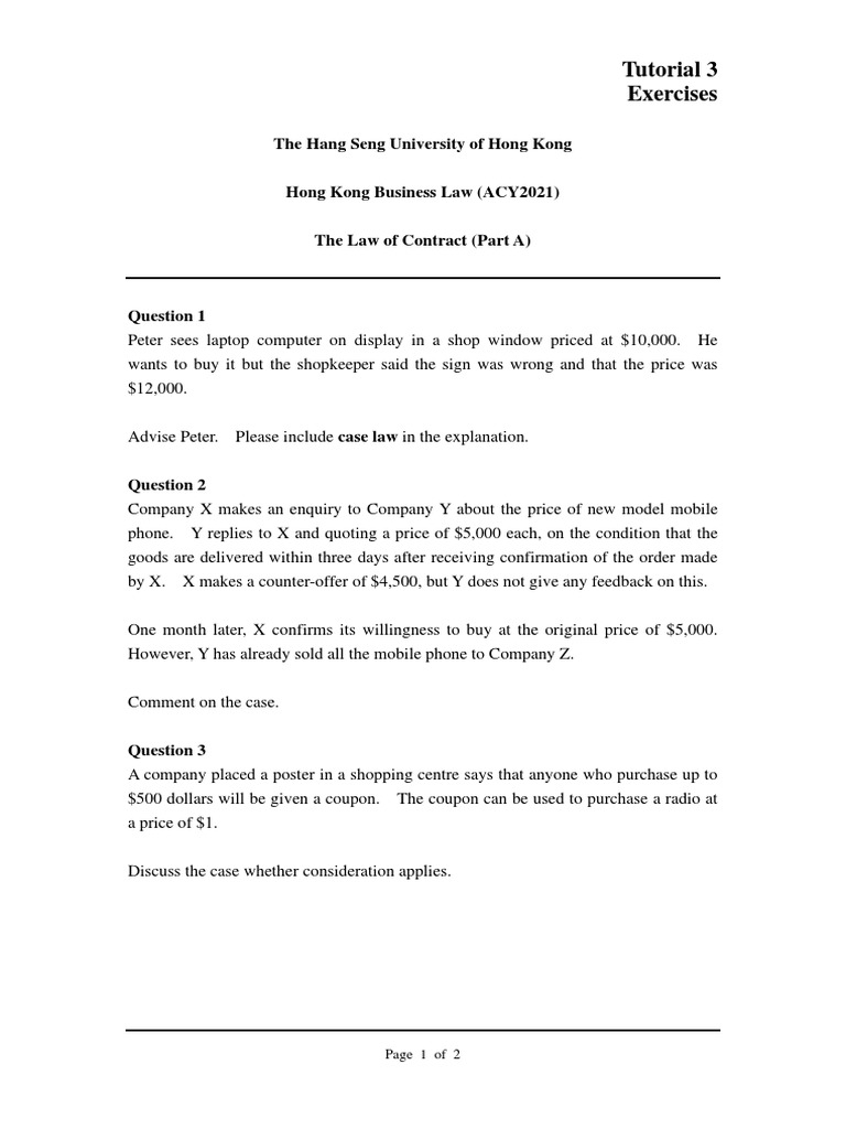 Topic 3 - Tutorial Question - Contract - Part - A | PDF | Business