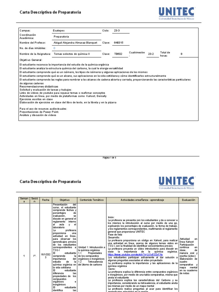 Carta Descriptiva | PDF | Química Inorgánica | Alcano