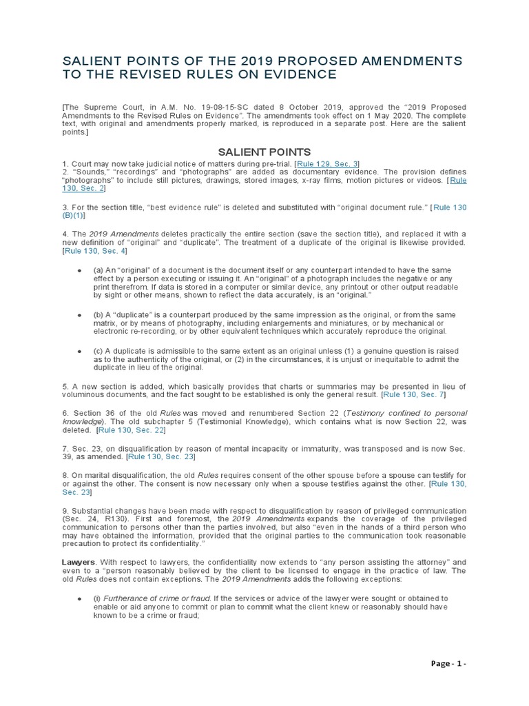 EVIDENCE Salient Points | PDF | Hearsay | Burden Of Proof (Law)