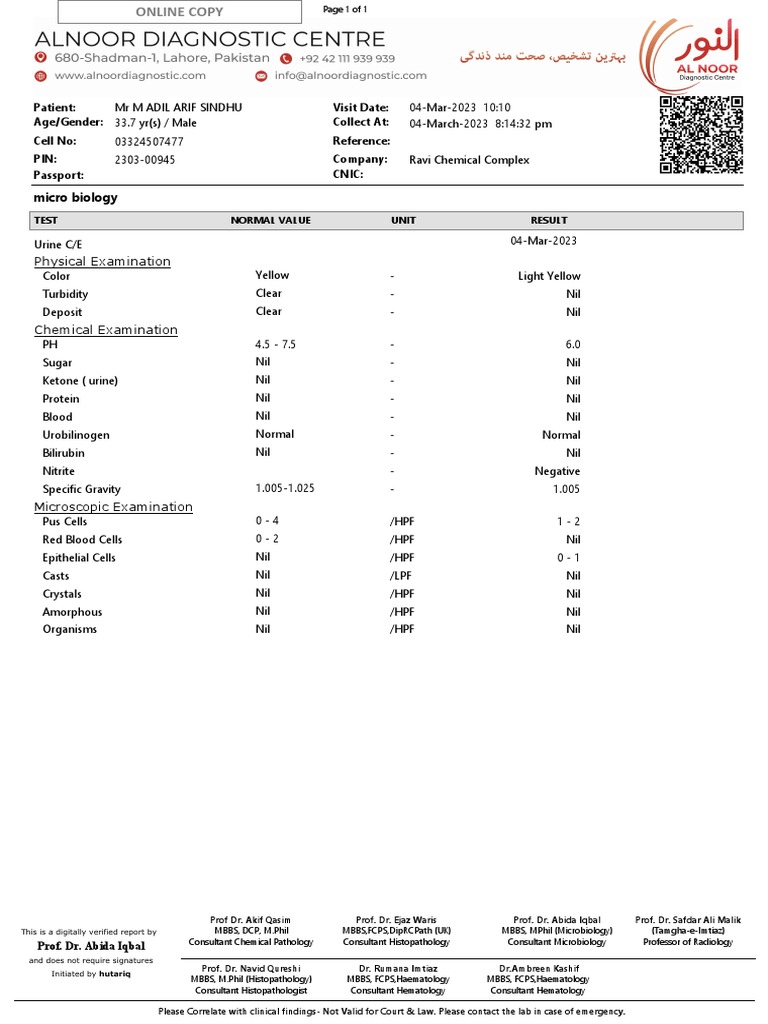 Urine Analysis Report for Mr. M. Adil Arif Sindhu | PDF ...