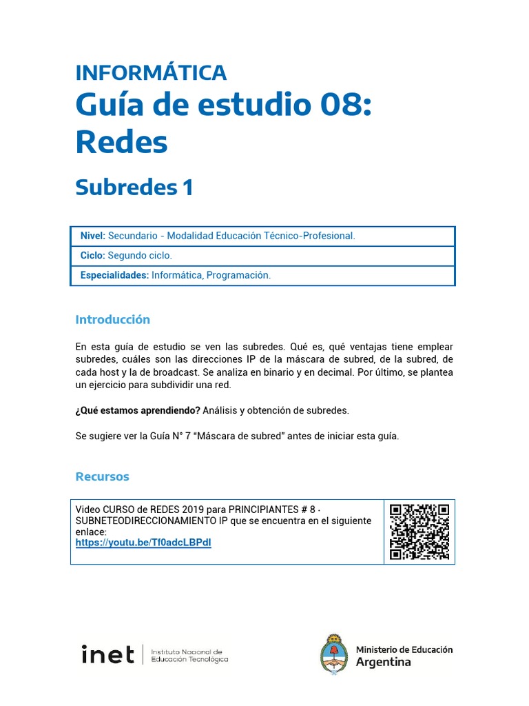 REDES Guía08 Subnetting 1 | PDF | Redes de computadoras | Protocolos de ...