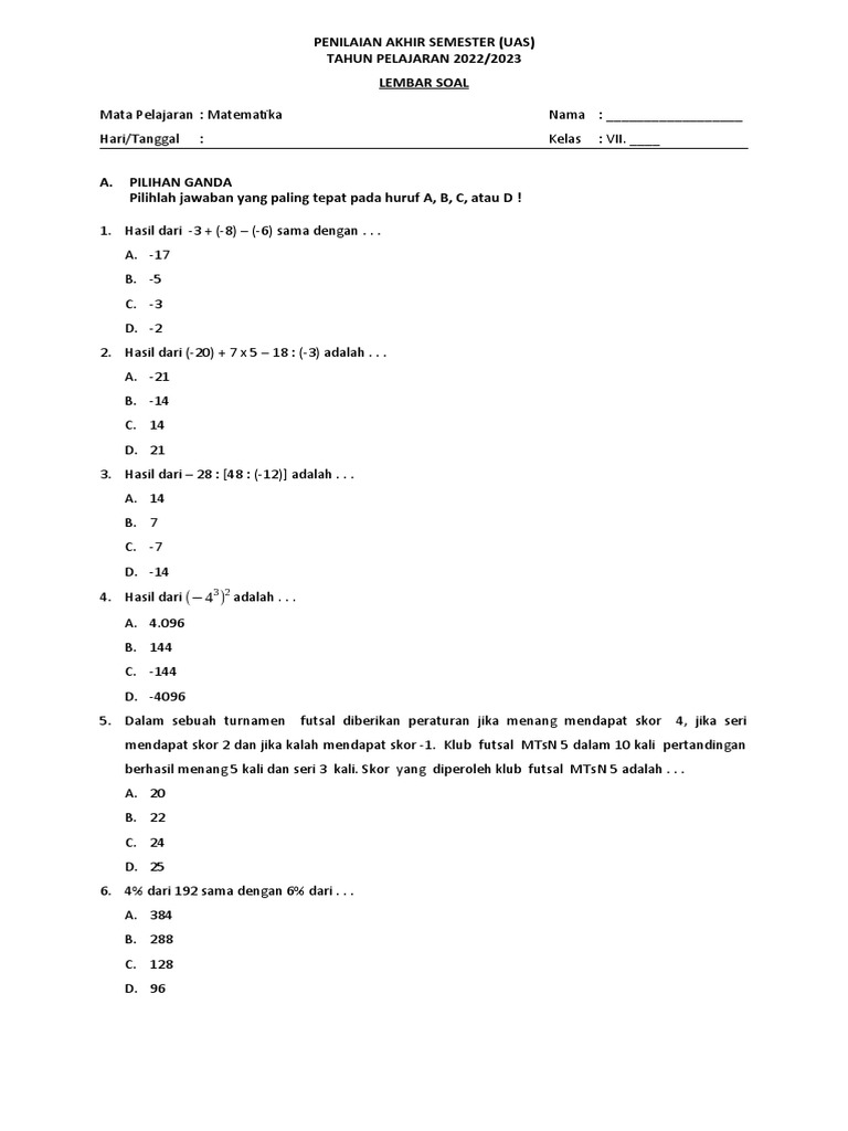 Soal Pas MTK 7 2022 | PDF